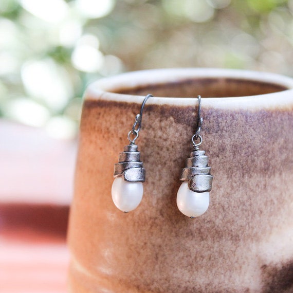 Iron Jewelry: Forged Iron and White Freshwater Pearl Earrings