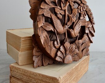 Hand Carved Wood Plaque, Hand Carved Birds, Vintage Wood Carving