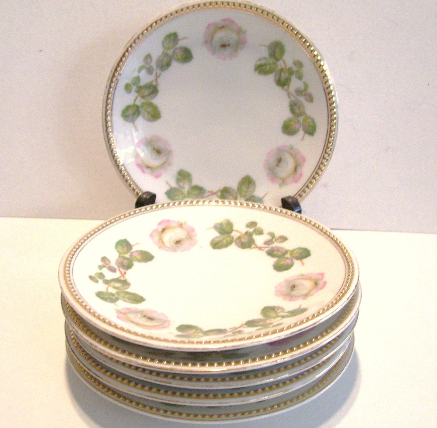 6 – P K Silesia Dessert Plates Germany Porcelain Pink Roses Beaded Edge ...