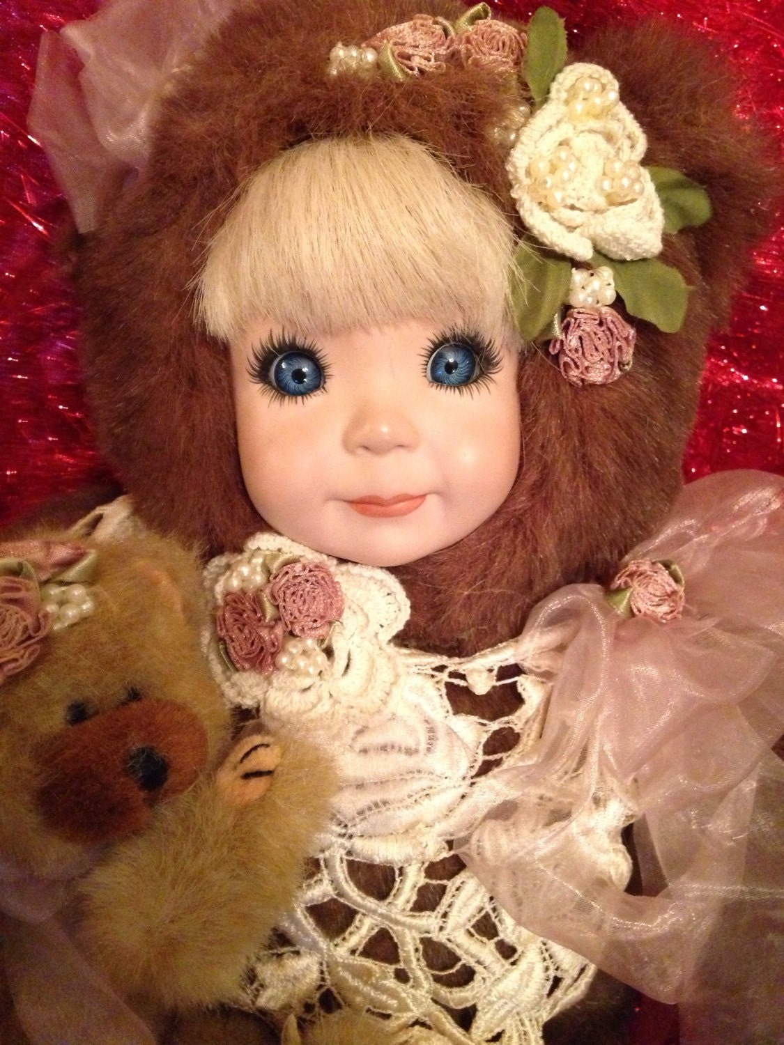 Cute handmade teddy bear doll porcelain face by FavoriteFrolic
