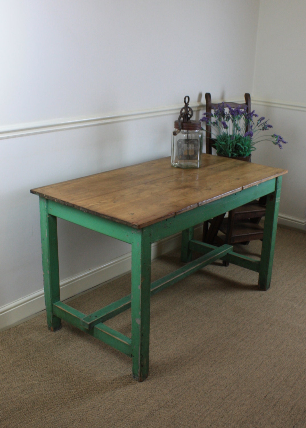 French Vintage School Table – original green chippy paint – Haute Juice