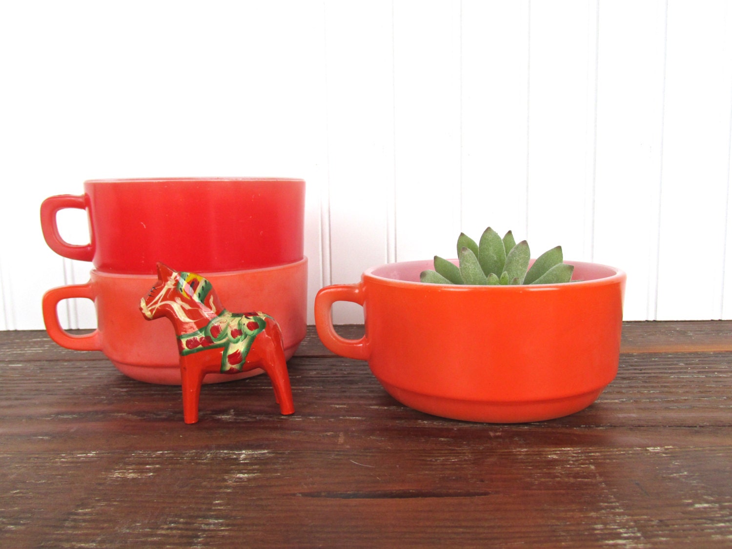 Vintage Glasbake Ombre Red Orange Milk Glass Soup Bowl Set Of 3 Mugs