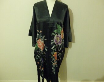 Black floral Japanese kimono robe dress chinese dressing gown hand ...