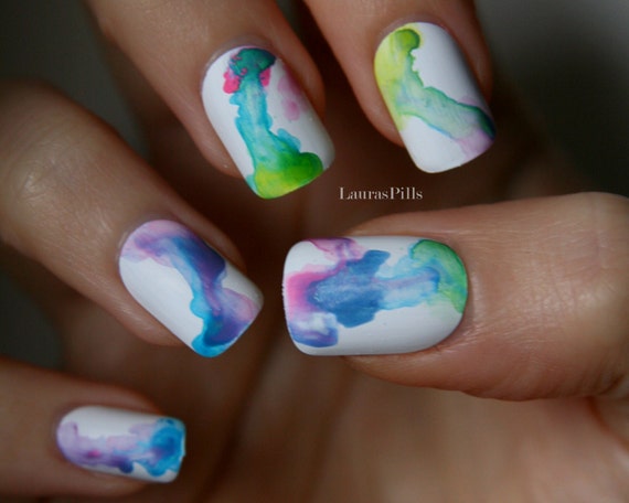 Water colors effect Set of 12 hand painted nails by LaurasPills