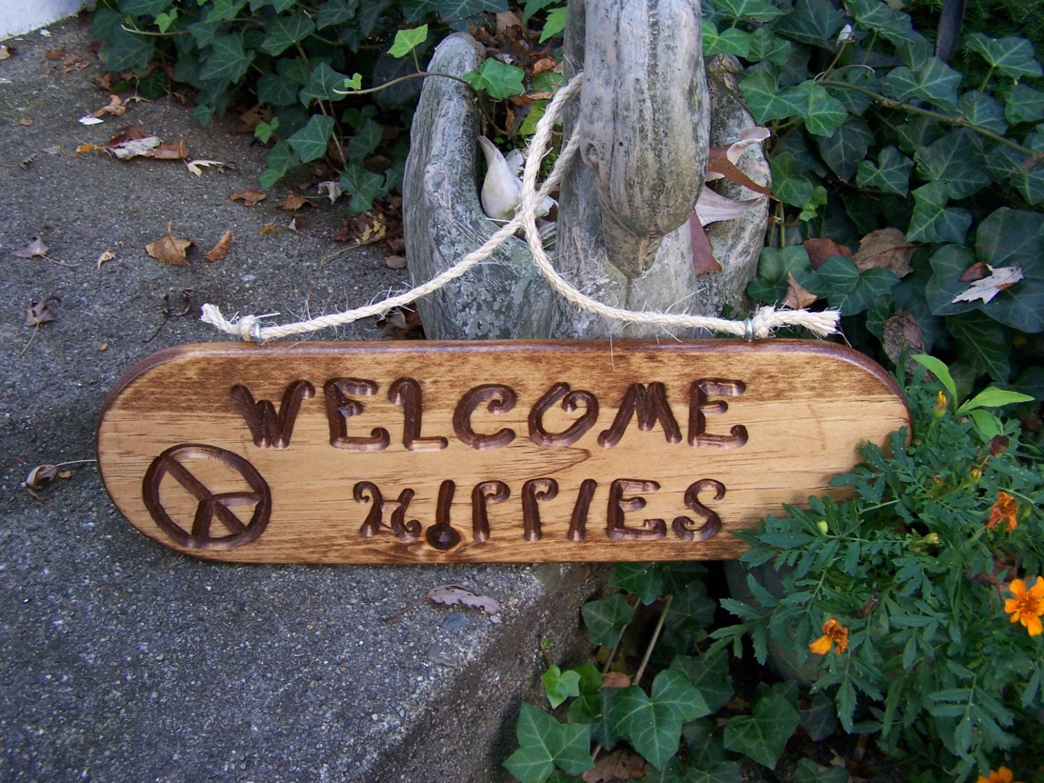 Welcome Hippies Wooden wood stained Handmade Handcrafted