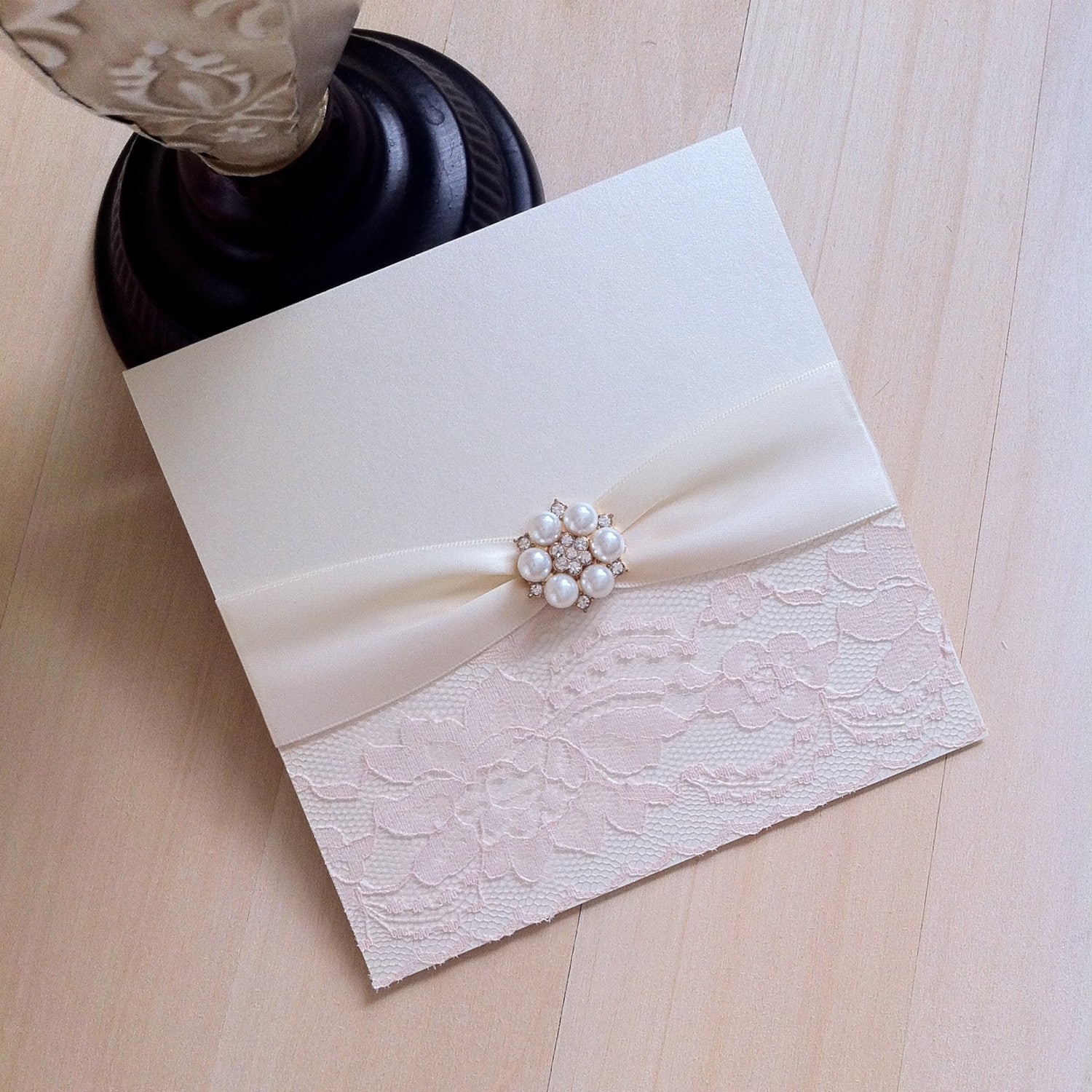Pearl Brooch Wedding Invitation – Lace Pocket Invitation – Gold Glitter ...