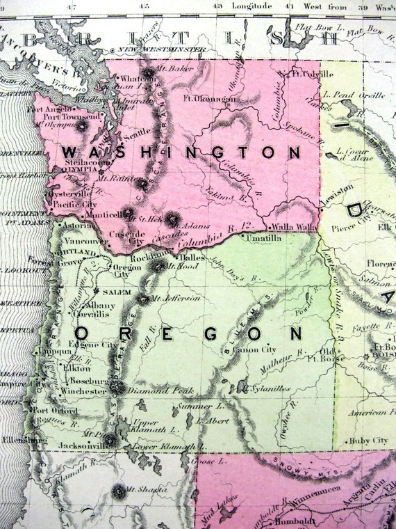 Original 1866 Map of Washington Oregon Idaho Nevada Utah