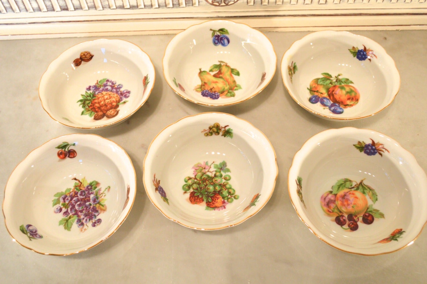 set of 6 china fruit bowls with fruit images inside and gilt edges ...