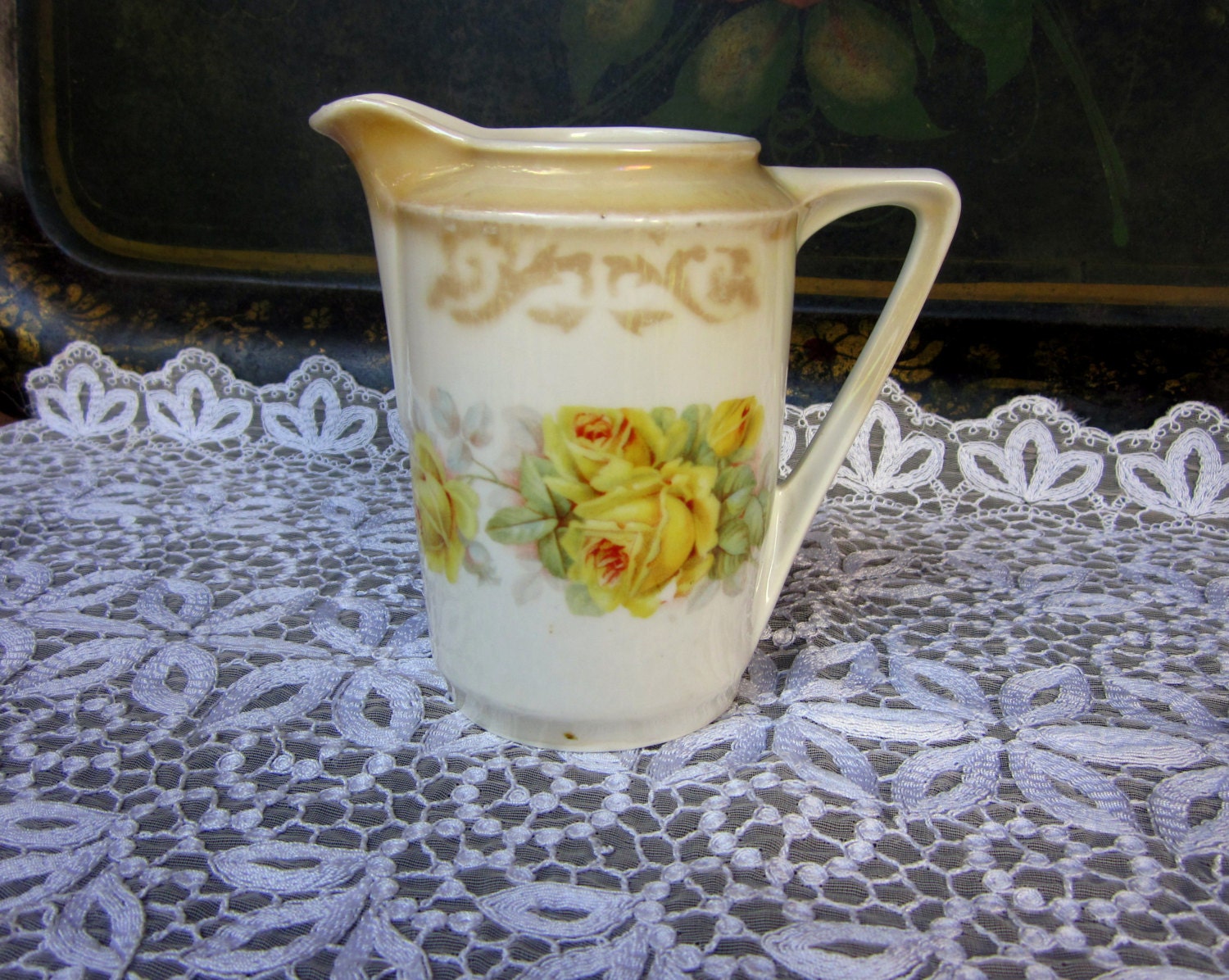 Vintage Porcelain Pitcher, Small, White with Yellow Roses, Faded Luster ...