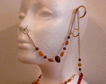Nose Ring Chain and bracelet set! Carnelian, malaysian jade, coral