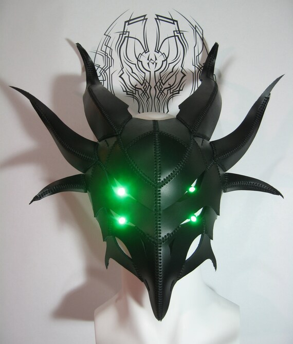 Items similar to Handmade Black Leather Demon Mask V2.1 with glowing ...