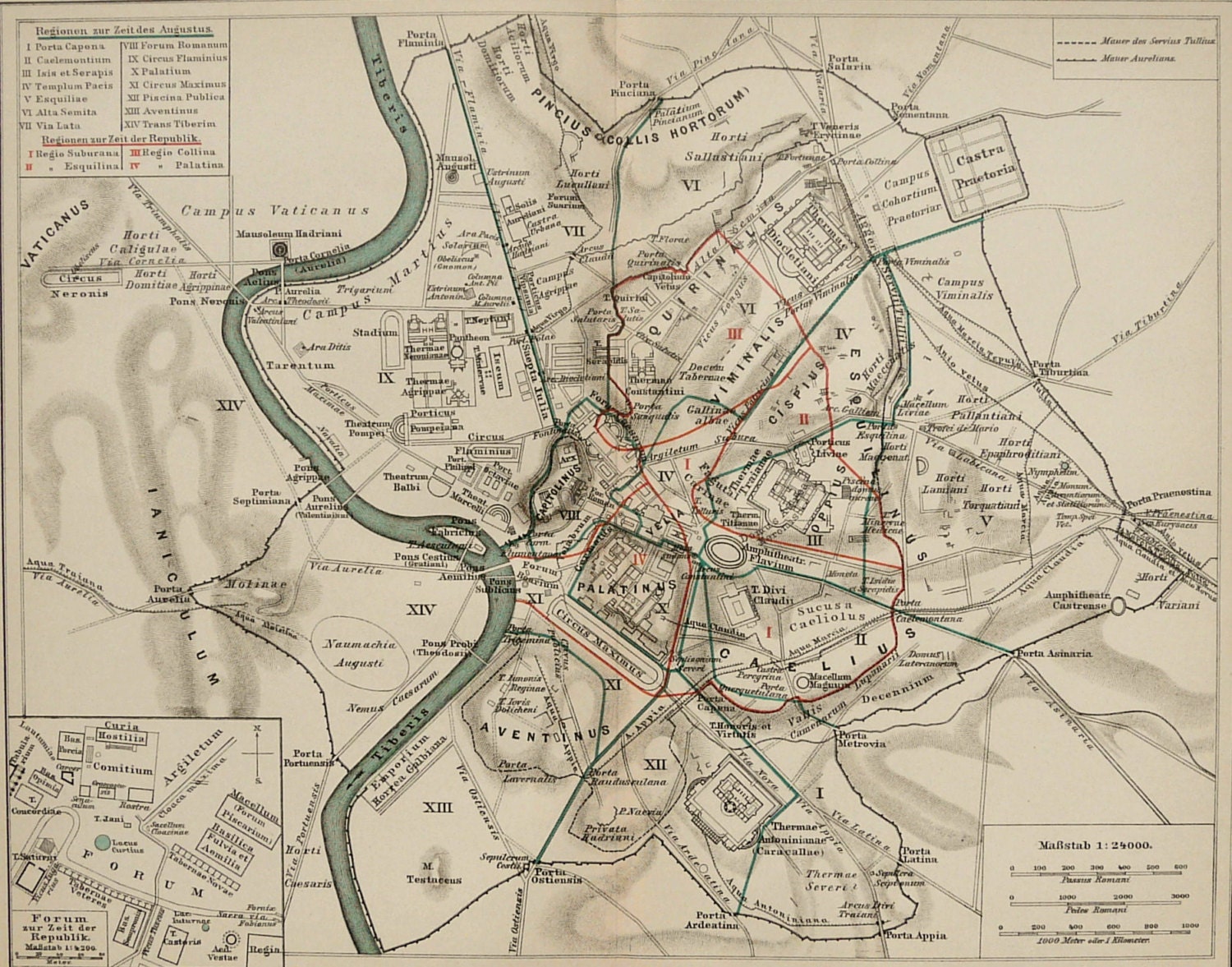 1900 Antique city map of ANCIENT ROME. Roman Empire. Italy.