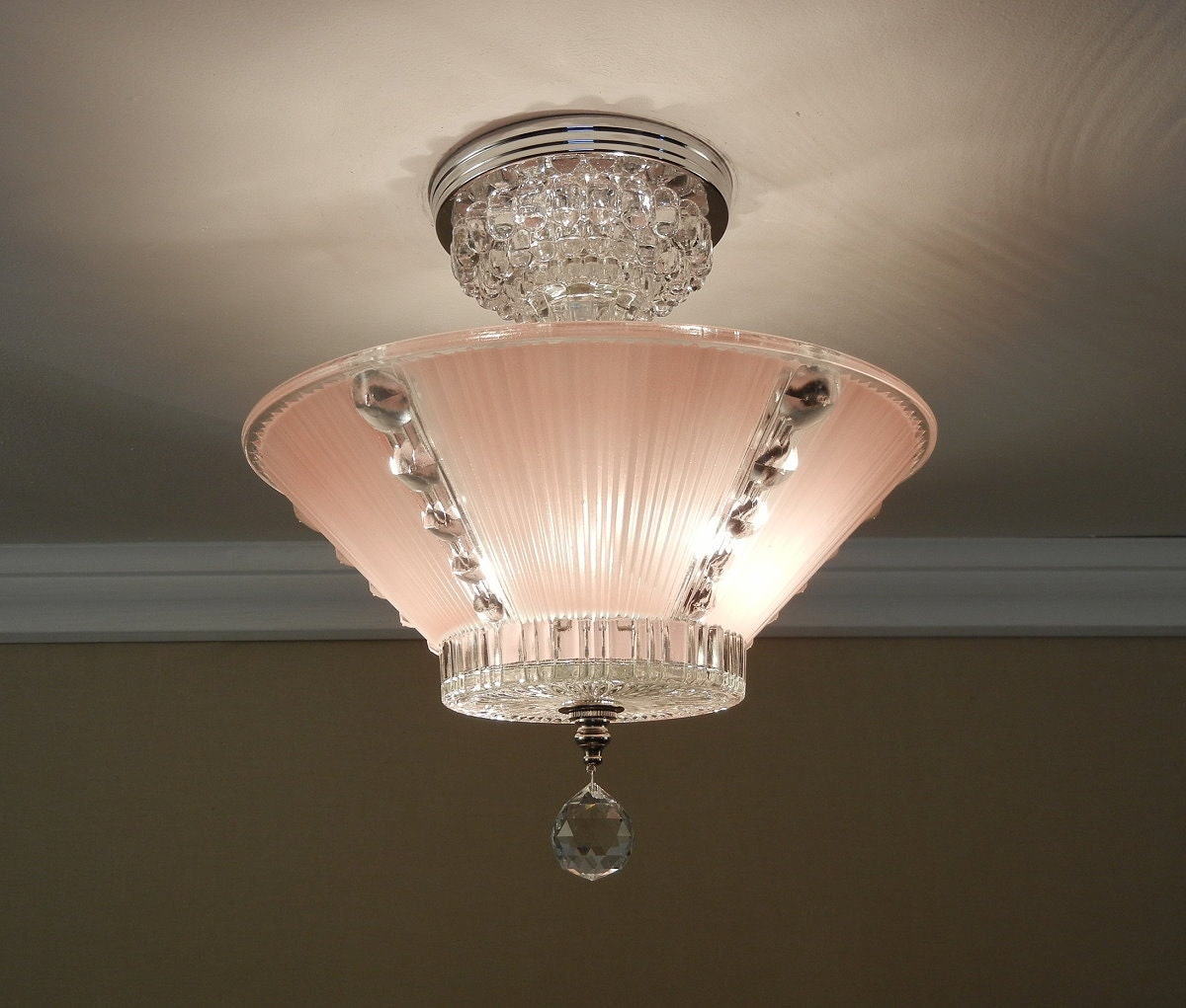 Vintage Ceiling Light 1940's Pink Pleated Bubble Pressed
