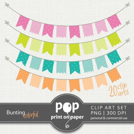 Bunting Digital Clip Art Colorful 20 cliparts set pastel