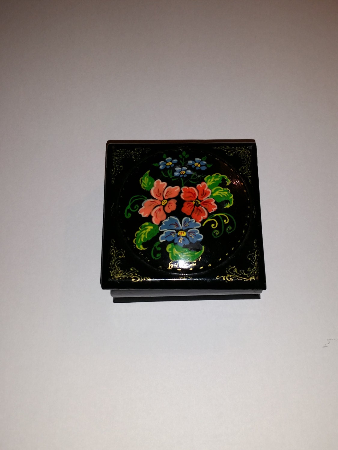 Small Floral Hand Painted Wood Trinket Jewelry Box with Hinged Lid ...