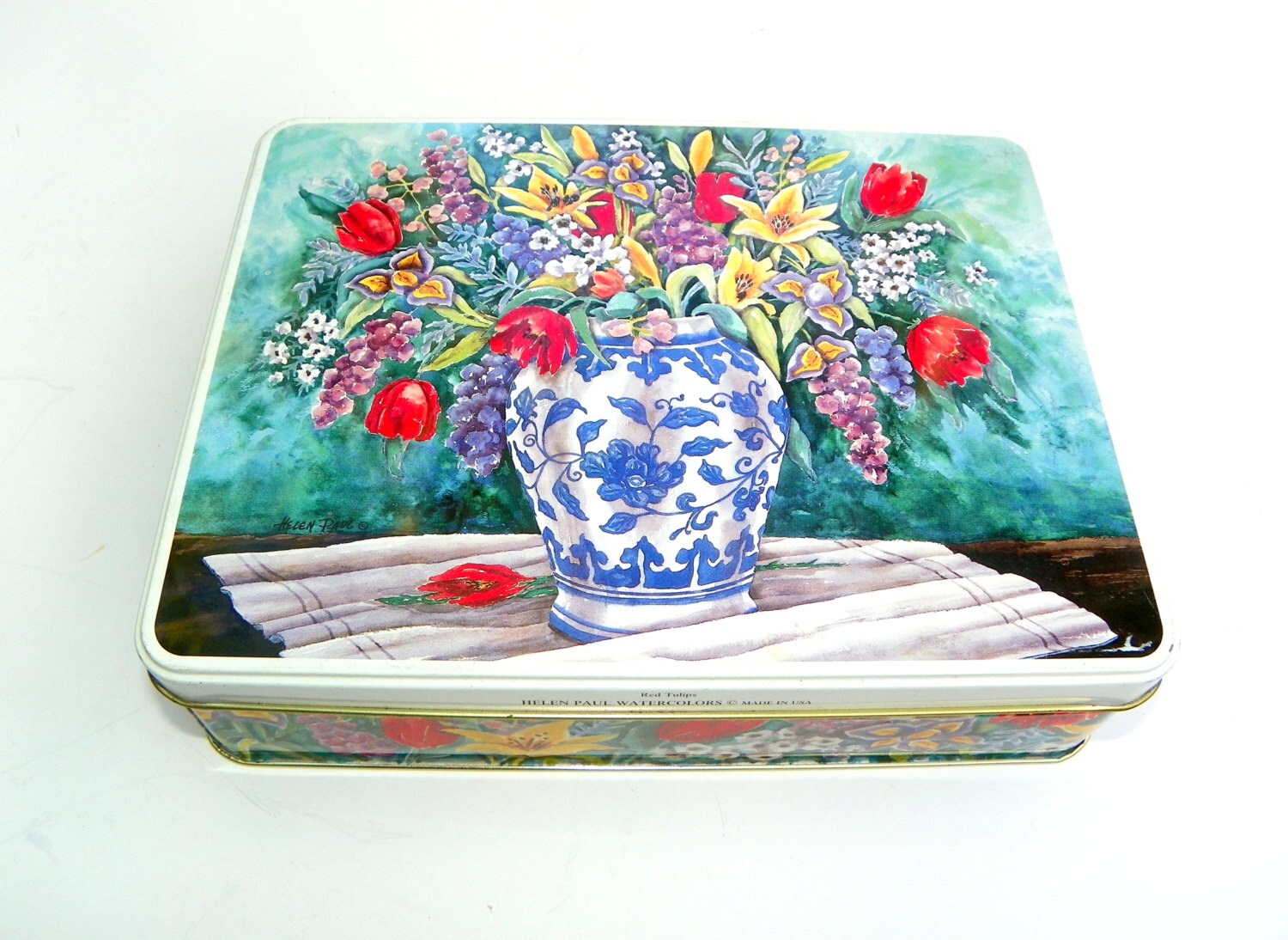 Vintage Watercolors Tin, Floral Bouquet Tin, Red Tulips in Vase by ...
