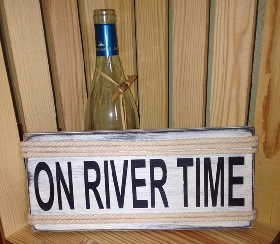 Items similar to ON RIVER TIME - Hand-Painted wood with Rope accent ...