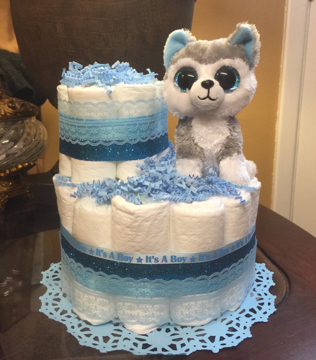 Two tier baby boy diaper cake blue diaper cake it's a