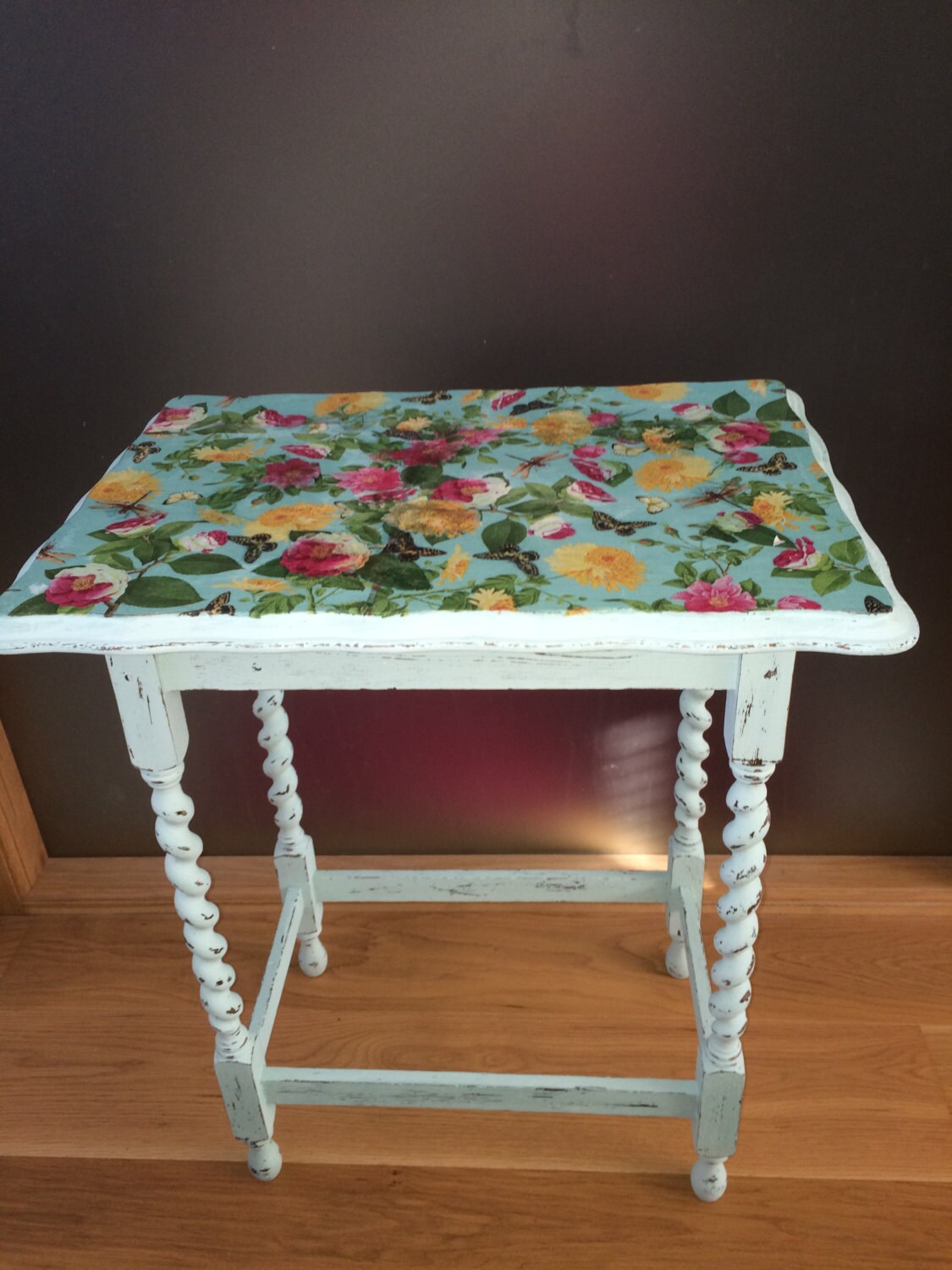 upcycled table with barley twist legs, chalk painted,decoupaged and ...