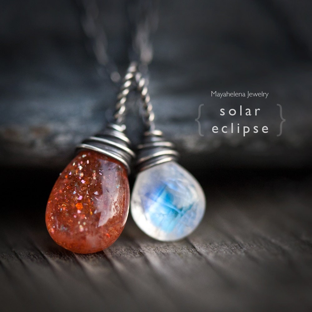Solar Eclipse 2017 Moonstone and Sunstone Wire Wrapped