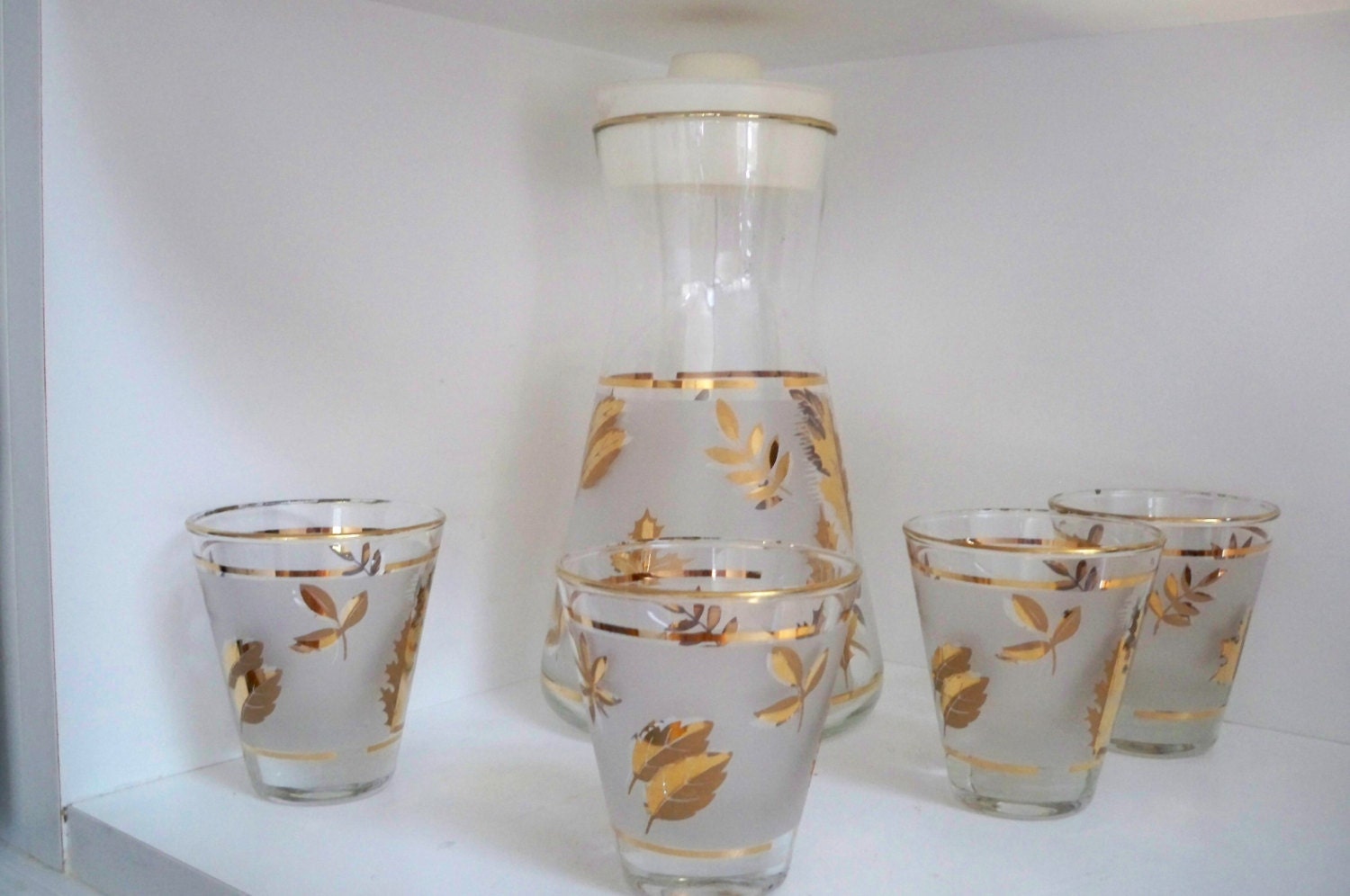 Vintage Serving Barware Pitcher Set 1960 Libby Gold Leaf Pattern 4 Shot ...