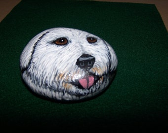 Hand Painted Maltese Dog Face on Stone Pet Rock Collectible