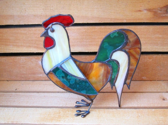 Stained Glass Rooster Rustic 3D Ornament Stand-Up Handmade