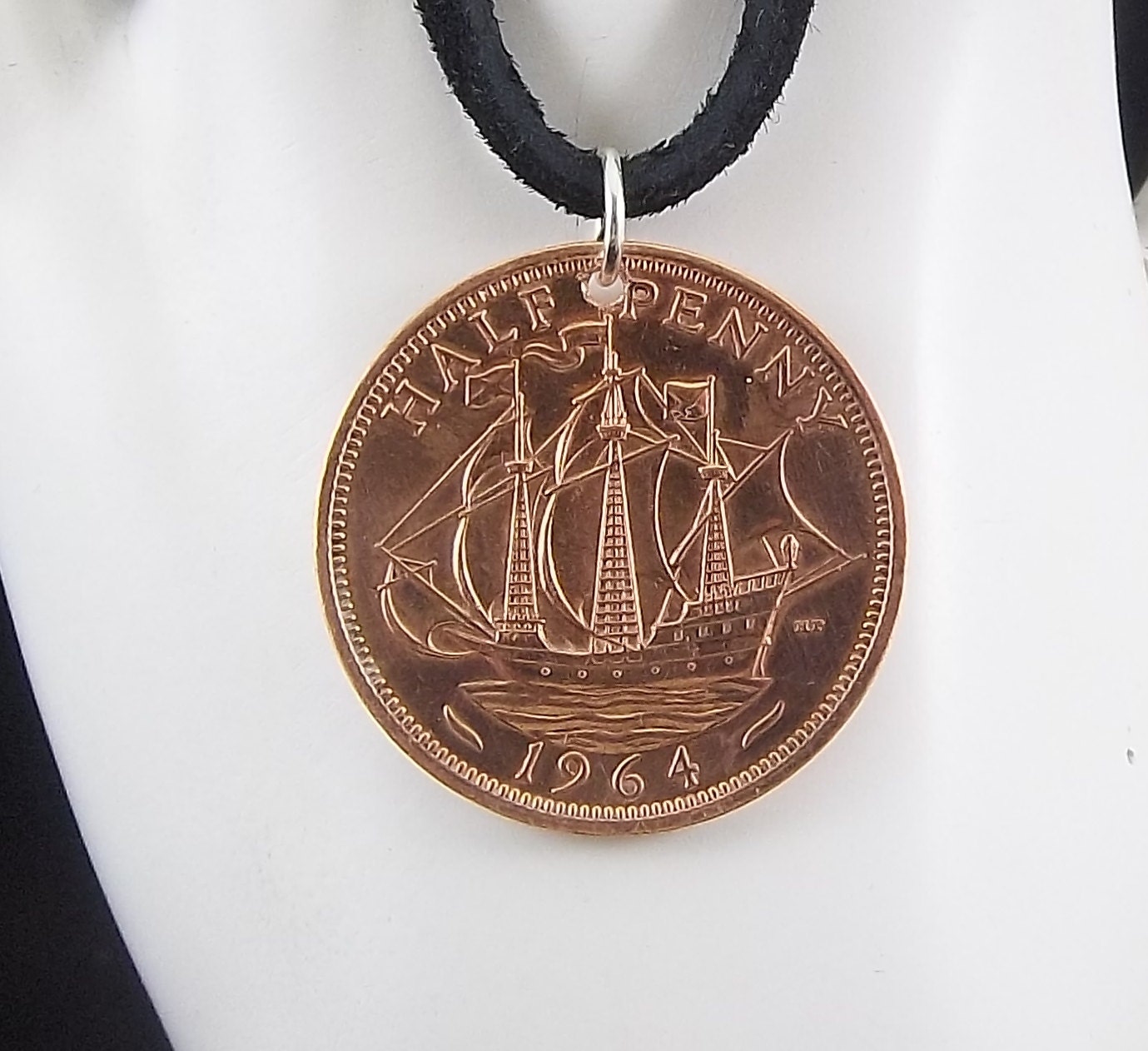 Boat Coin Necklace England 1/2 Penny Coin Pendant Leather