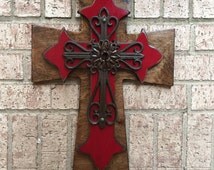 Large Wood Cross Dark Oak Stain and Red Wall Wood Cross