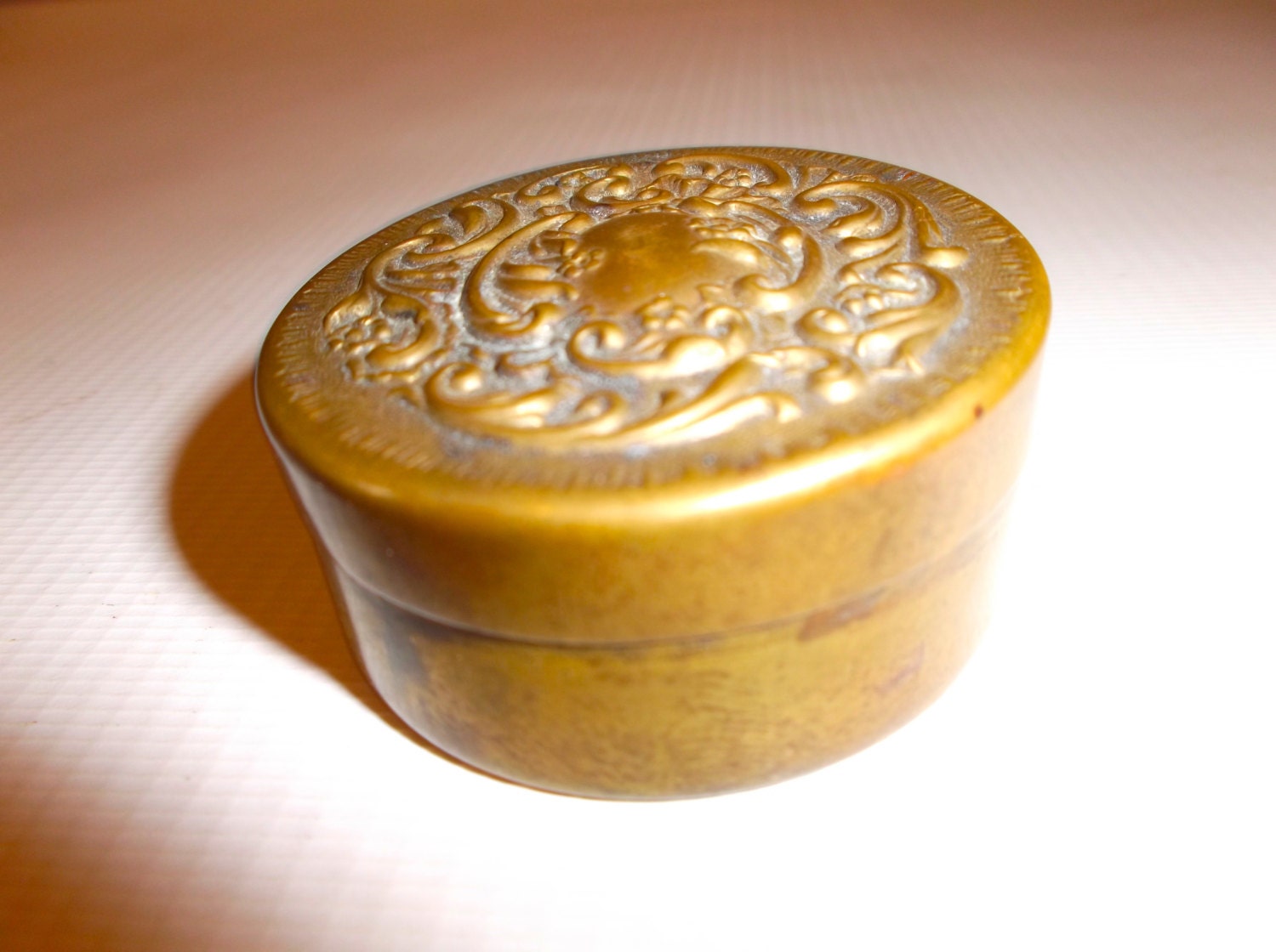 Antique French Repousse Brass Pill Box Vintage Metal Trinket Box ...