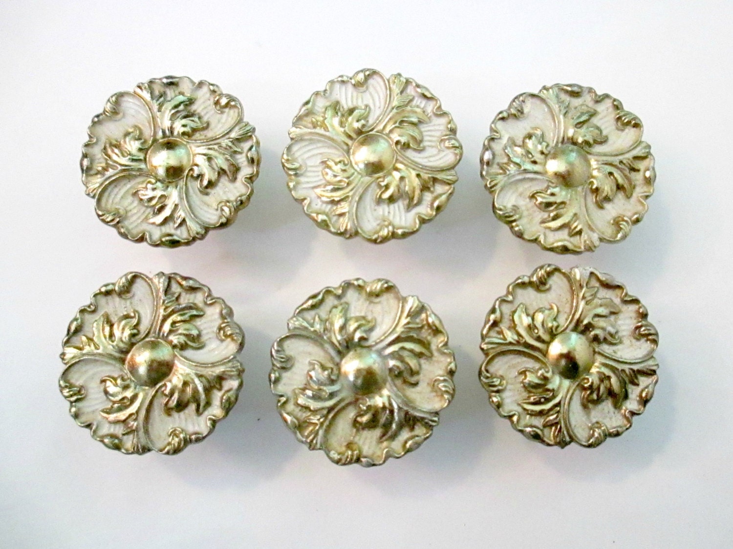 Lot of 6 Vintage French Provincial Drawer Knobs White and Gold or Brass ...