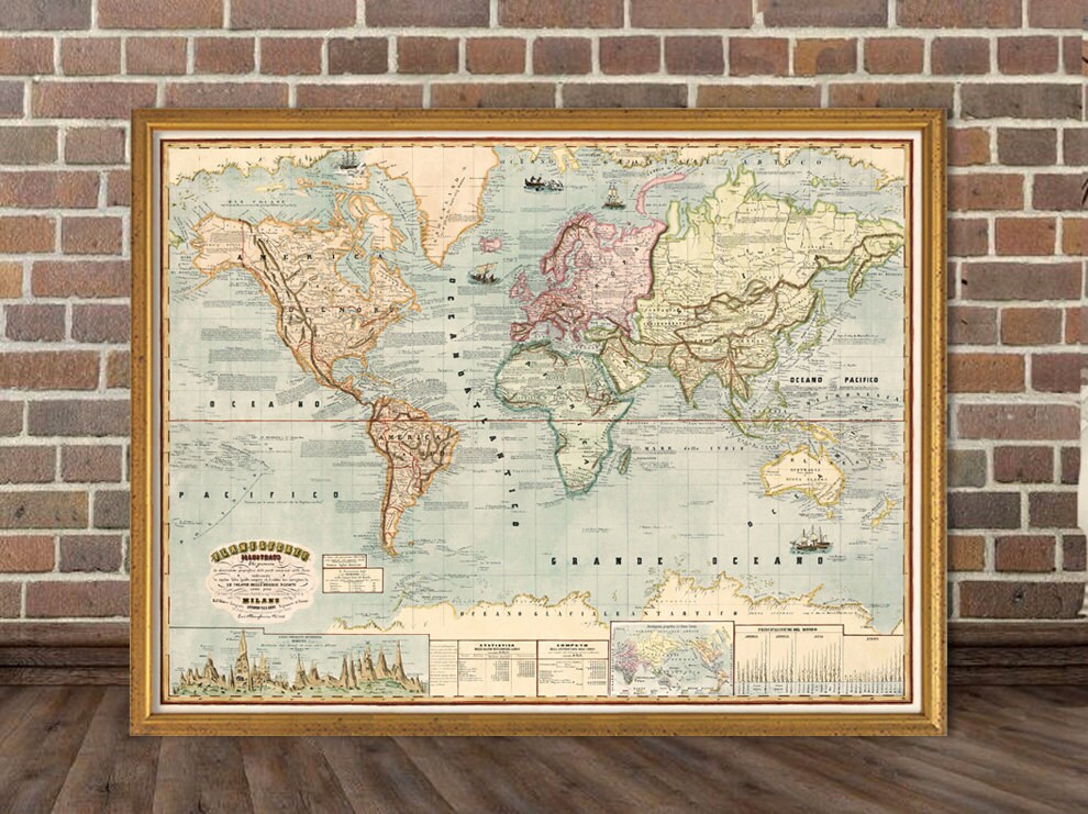 Map of the world Decorative map Vintage map restored