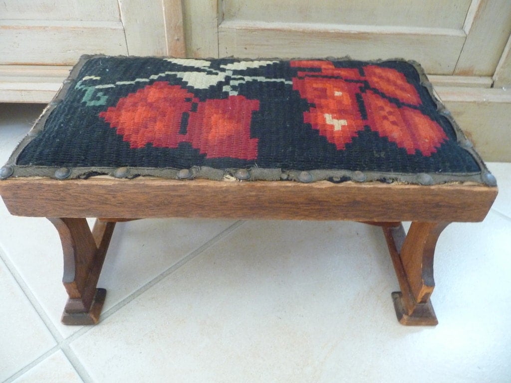 Antique Foot Stool Wooden Needlepoint Upholstered Footstool Craftsman ...