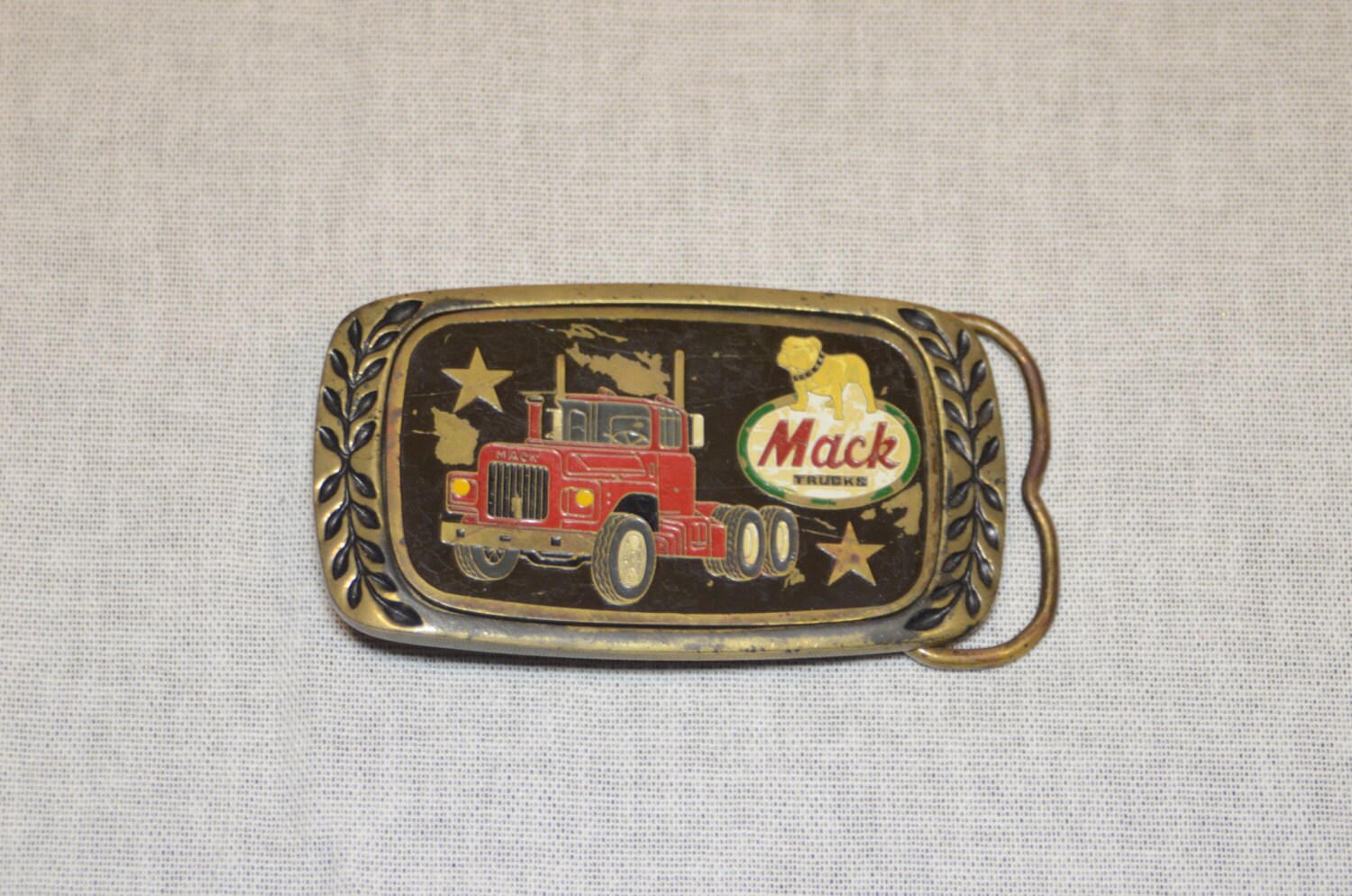 Vintage 1970s MACK TRUCK Brass Belt Buckle with Enamel Overlay
