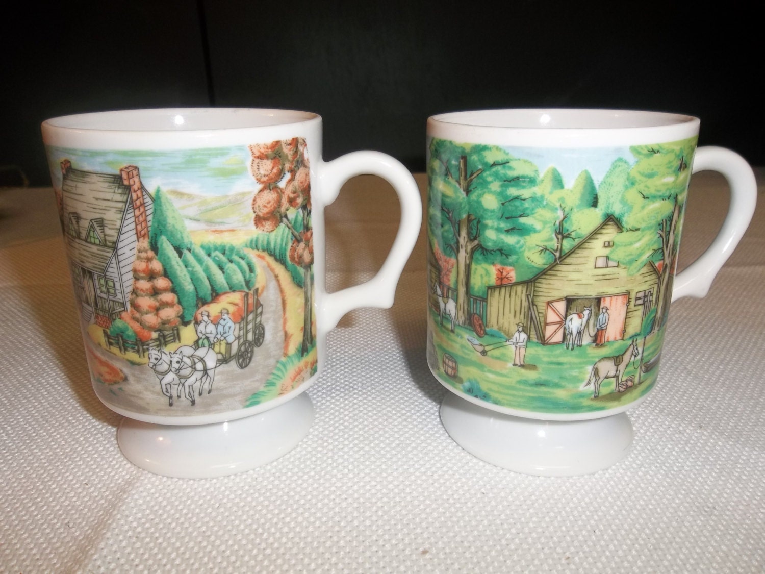 Vintage Farm Cottage Scene Coffee Mugs in Green and Brown Nature Scenes ...