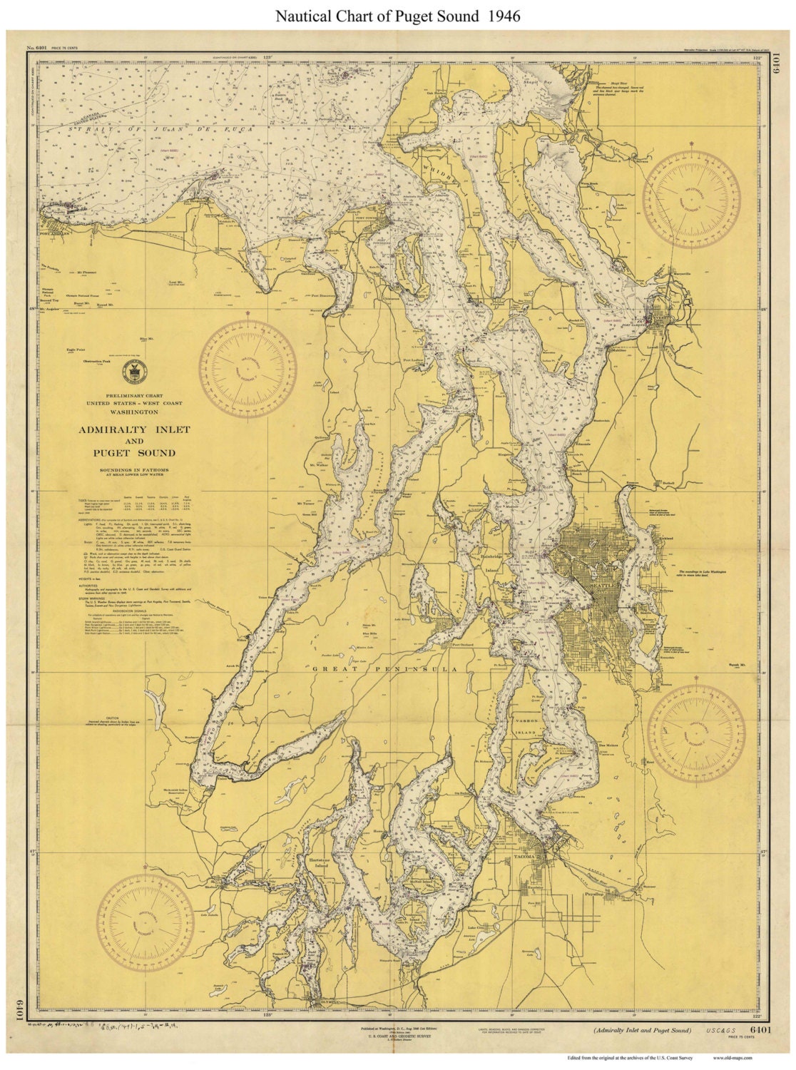 Puget Sound 1946 Nautical Map Washington PC Big Area