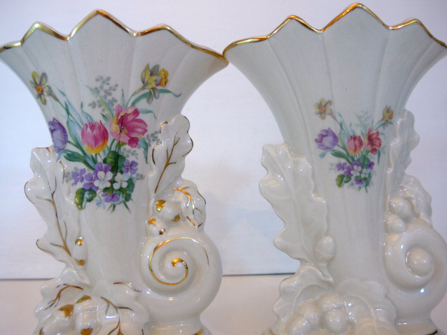 Vintage Pair Vases Ceramic Floral on Ivory Vases Gold Trim - 2 Fan ...