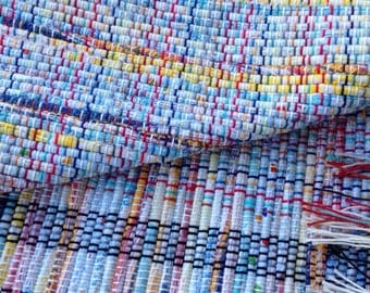 denim rag rug 25 x 26 handwoven rug re-purposed blue by TheRugHag