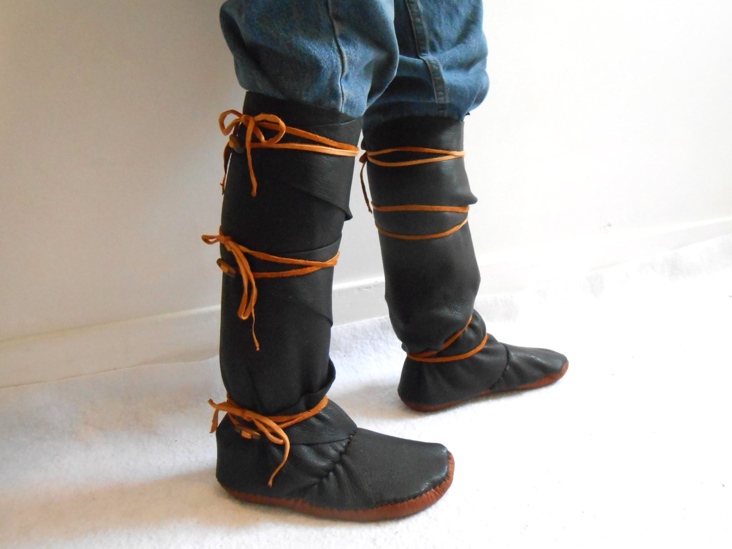 Tall Moccasin Boots Black Leather Mocs Custom Made Mountain