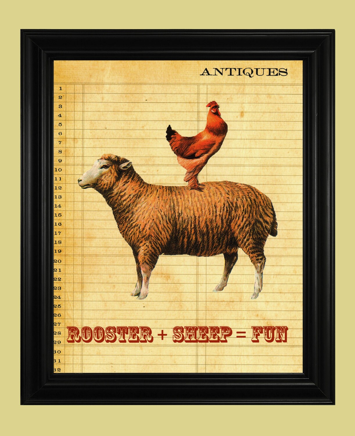 Rooster Sheep Poster Fun Antique Farm by TheSpottedBlackbird