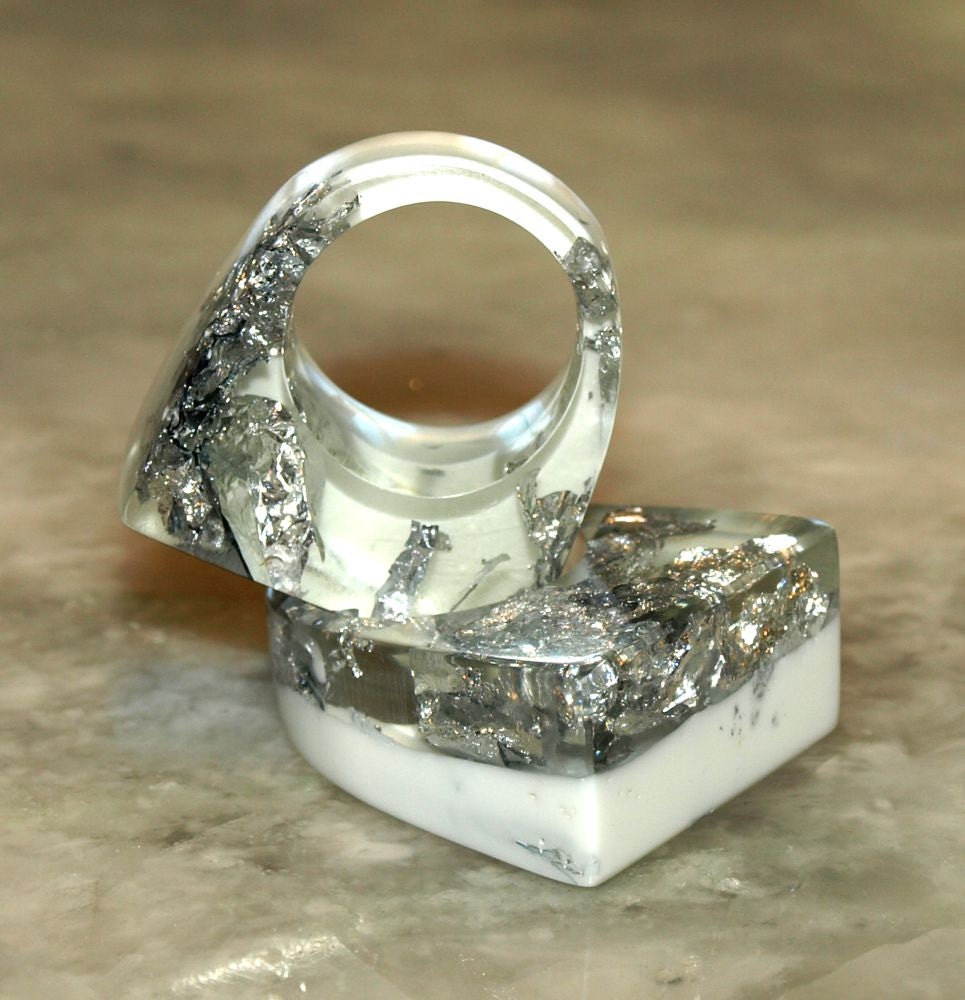 CRYSTAL ICE Resin Rings Silver Leaf Rings White Rings