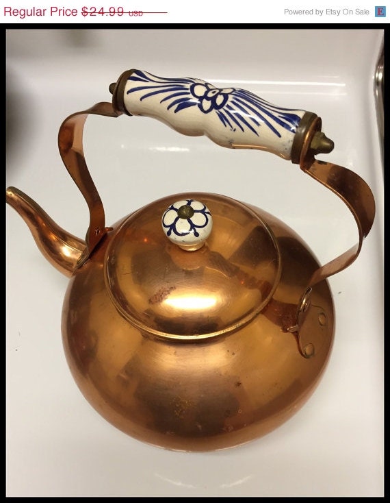 ON SALE Vintage 100% Copper Teapot with Delft Blue Ceramic Handles ...