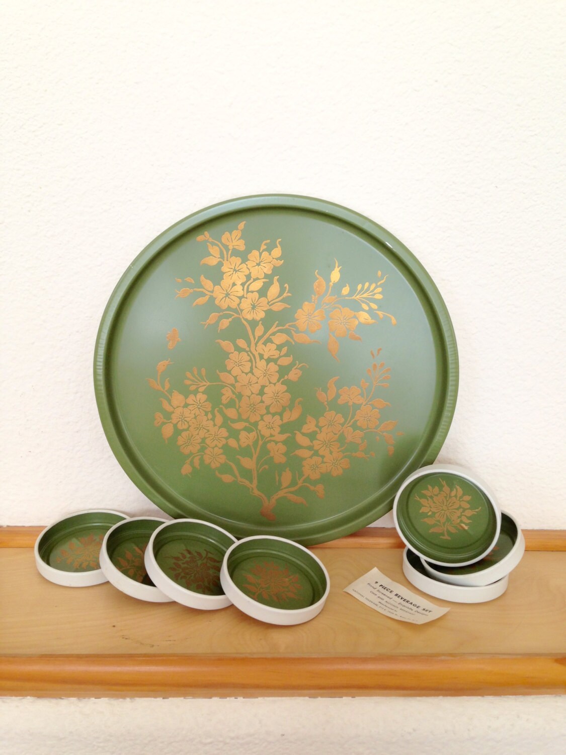 Vintage Metal Tray and Coasters / Green and Gold Tin Tray with Matching ...