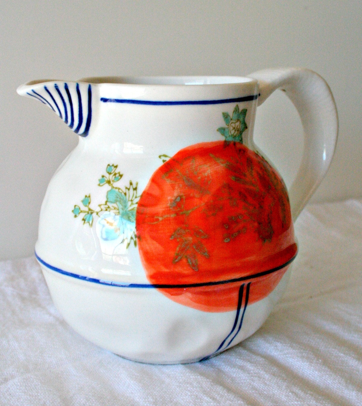 Zen Vintage Creamer “Land of the Rising Sun” Japanese Print White Blue ...