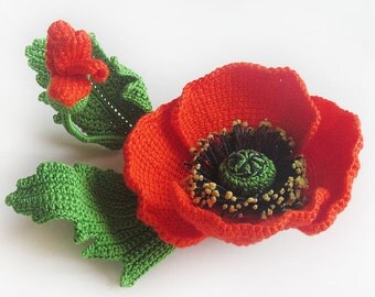 Crochet poppy flower brooch pattern DIY
