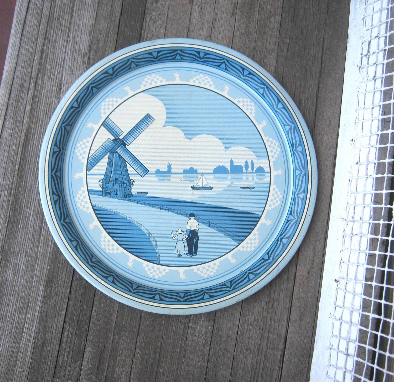 1930s Vintage Blue Tray with Dutch Windmill; Father-Daughter Scene ...