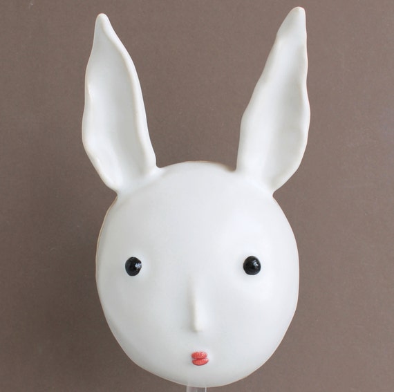 Handbuilt Ceramic Rabbit Wall Mask Beautiful White by midoritakaki
