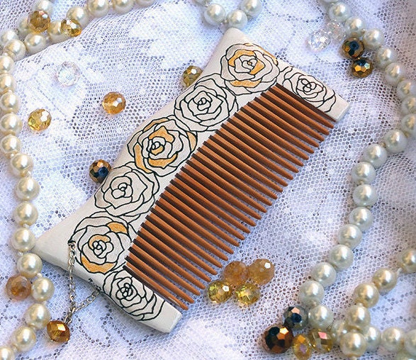 Hand painted wood comb original Bridal gift wooden comb