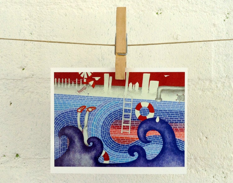 Art card, surreal postcard, red white & blue illustration, fantasy ...