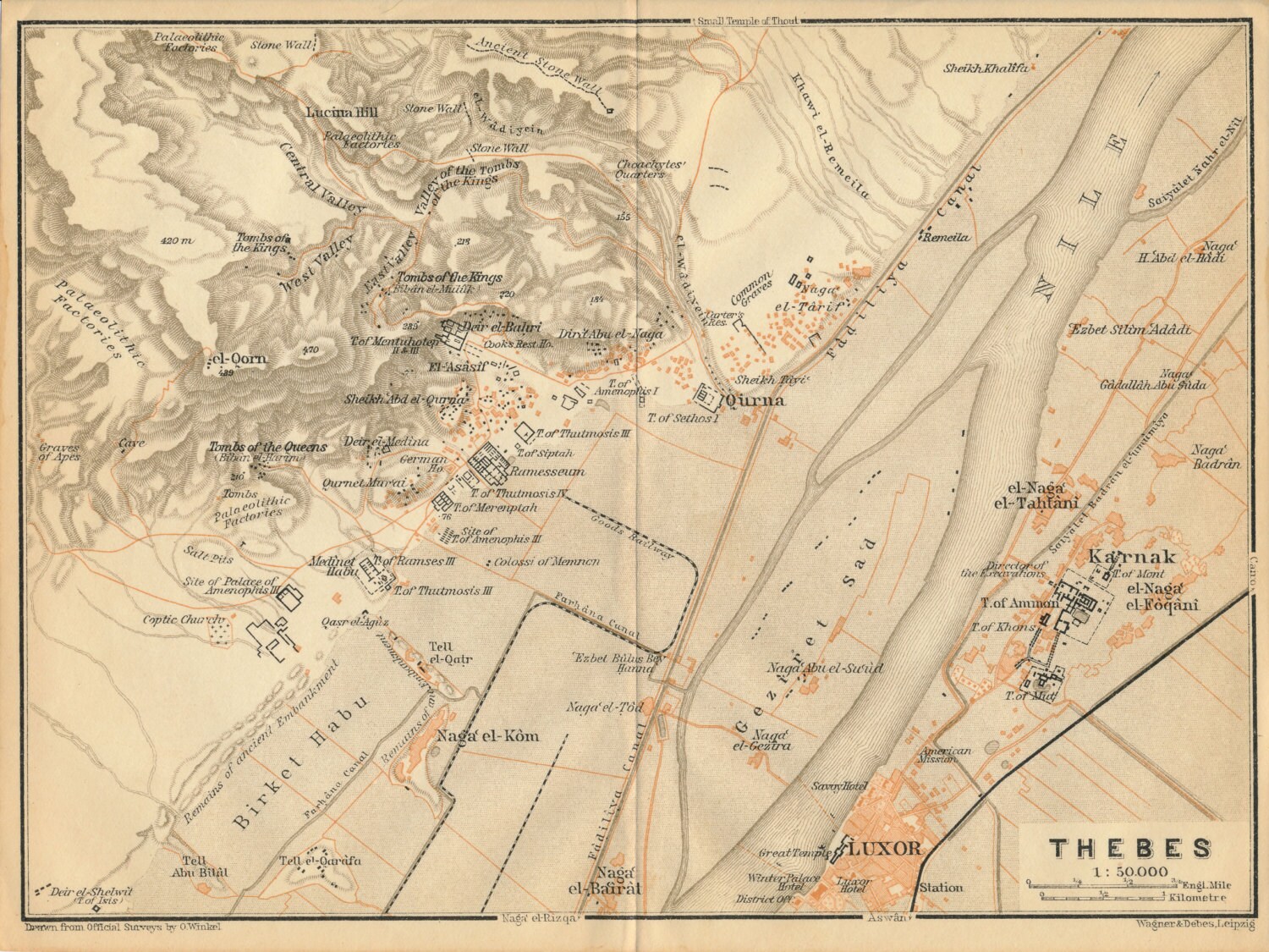 1929 Thebes Egypt Antique Map